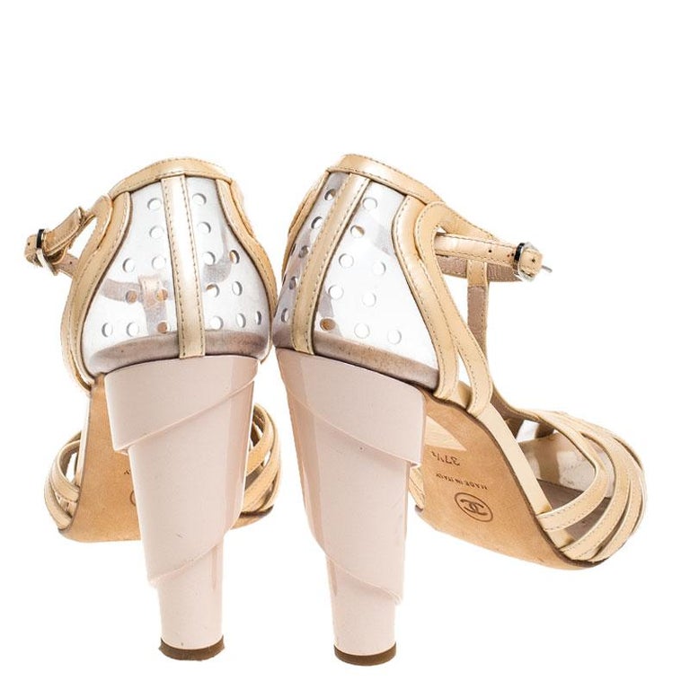Chanel Beige Patent Leather And PVC Swirl Heel T Strap Sandals Size 37. ...