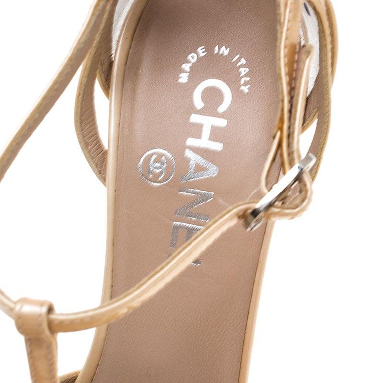 Chanel Beige Patent Leather And PVC Swirl Heel T Strap Sandals Size 37. ...
