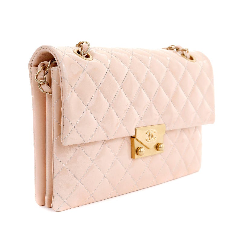 Chanel Beige Patent Leather Envelope Flap Bag For Sale at 1stDibs