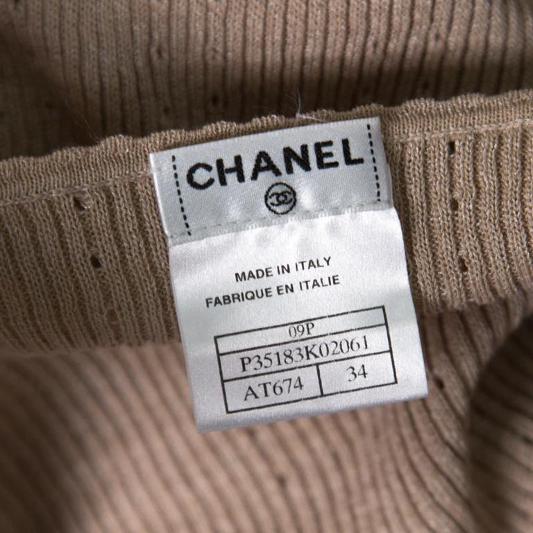 Chanel Beige Perforated Rib Knit Logo Applique Detail Fitted Top S For ...