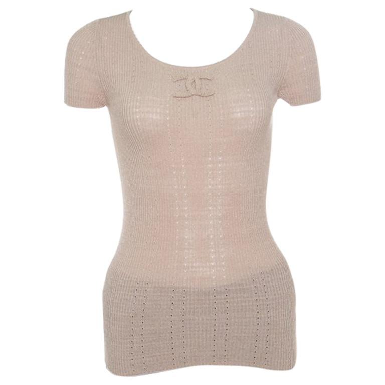 Chanel Beige Perforated Rib Knit Logo Applique Detail Fitted Top S For ...