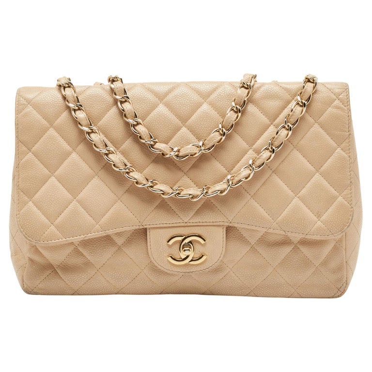 Chanel Beige Quilted Caviar Leather Jumbo Classic Single Flap Bag For ...