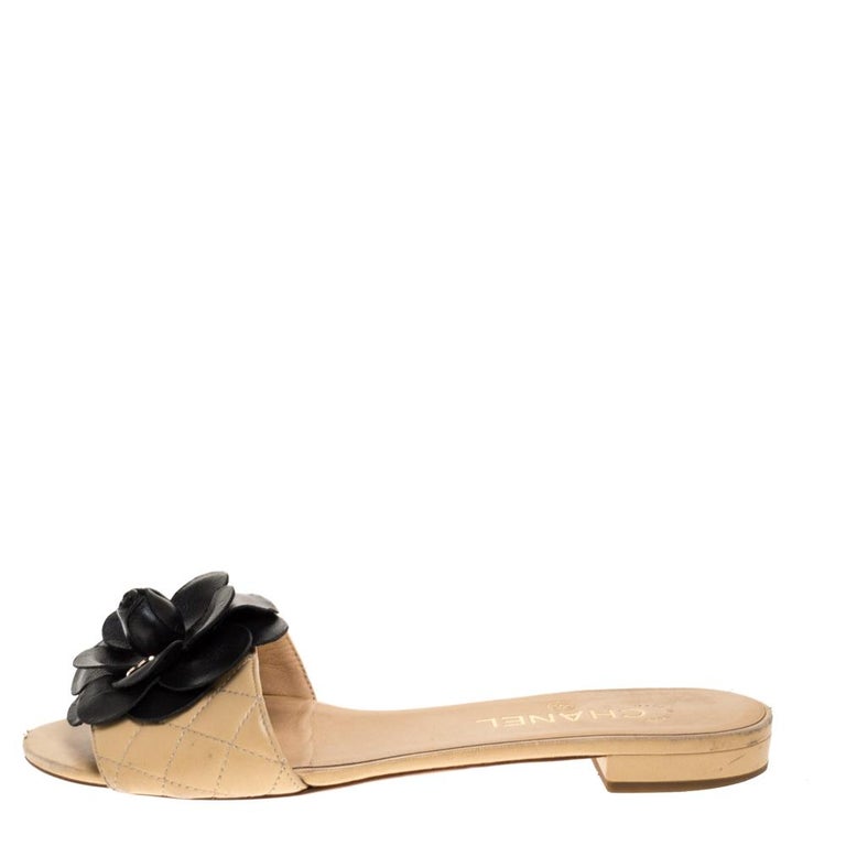 Chanel Beige Quilted Leather Camellia Embellished Flat Slides Size 38.5 ...