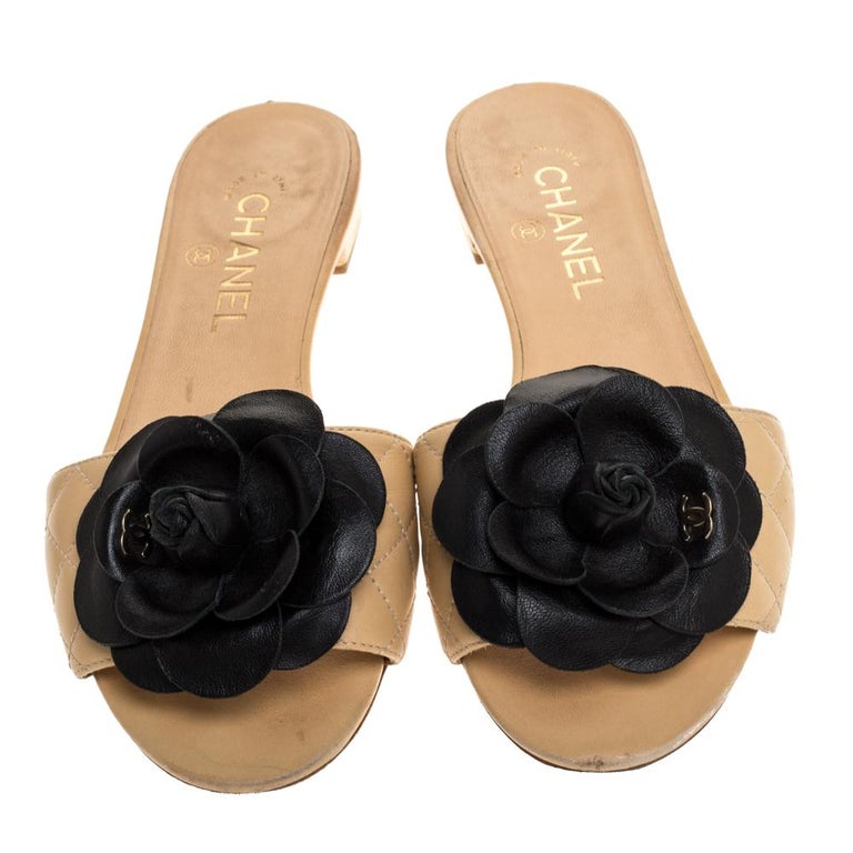 Chanel Beige Quilted Leather Camellia Embellished Flat Slides Size 38.5 ...