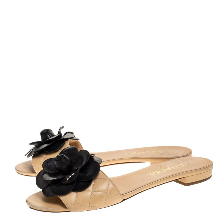 Chanel Beige Quilted Leather Camellia Embellished Flat Slides Size 38.5 ...