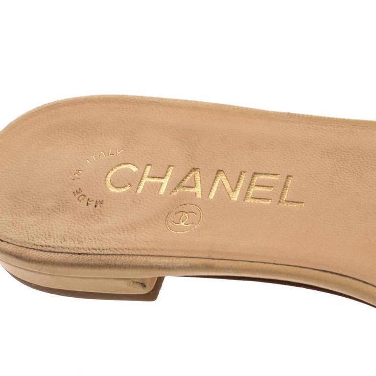 Chanel Beige Quilted Leather Camellia Embellished Flat Slides Size 38.5 ...