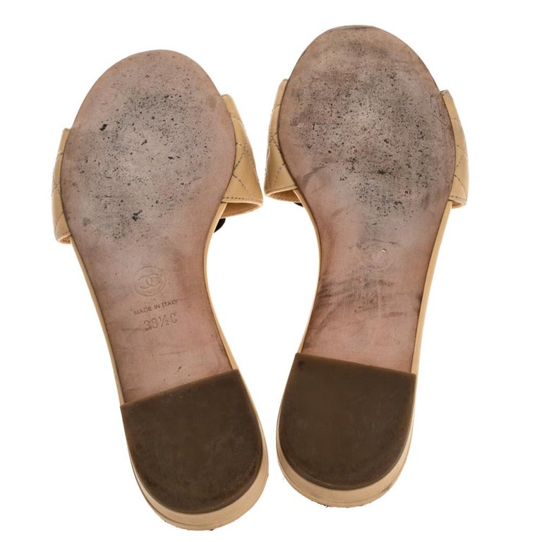 Chanel Beige Quilted Leather Camellia Embellished Flat Slides Size 38.5 ...