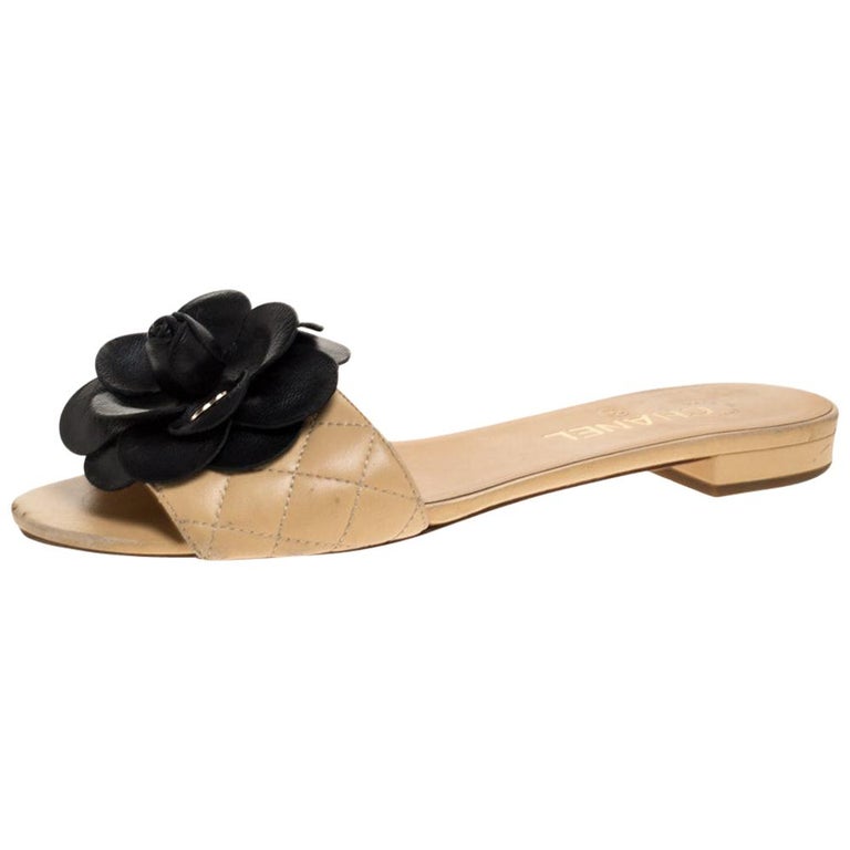 Chanel Beige Quilted Leather Camellia Embellished Flat Slides Size 38.5 ...