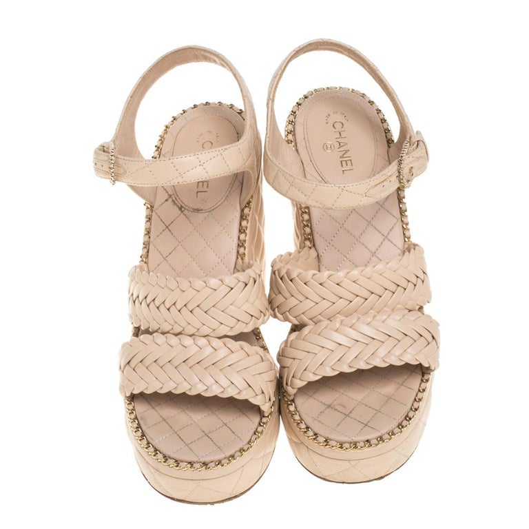 Chanel Beige Quilted Leather CC Chain Around Wedge Platform Sandals ...