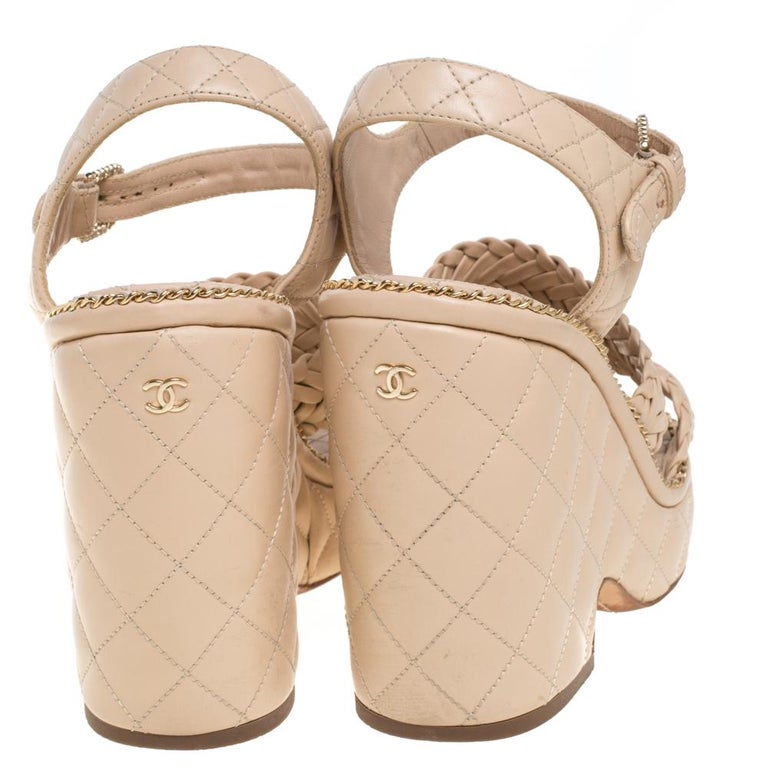 Chanel Beige Quilted Leather CC Chain Around Wedge Platform Sandals ...