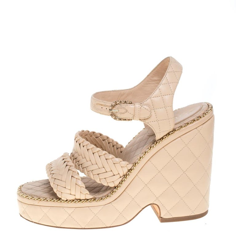Chanel Beige Quilted Leather CC Chain Around Wedge Platform Sandals ...