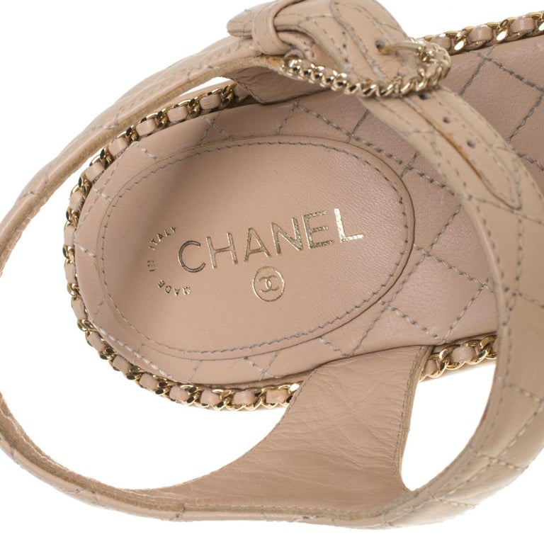 Chanel Beige Quilted Leather CC Chain Around Wedge Platform Sandals ...