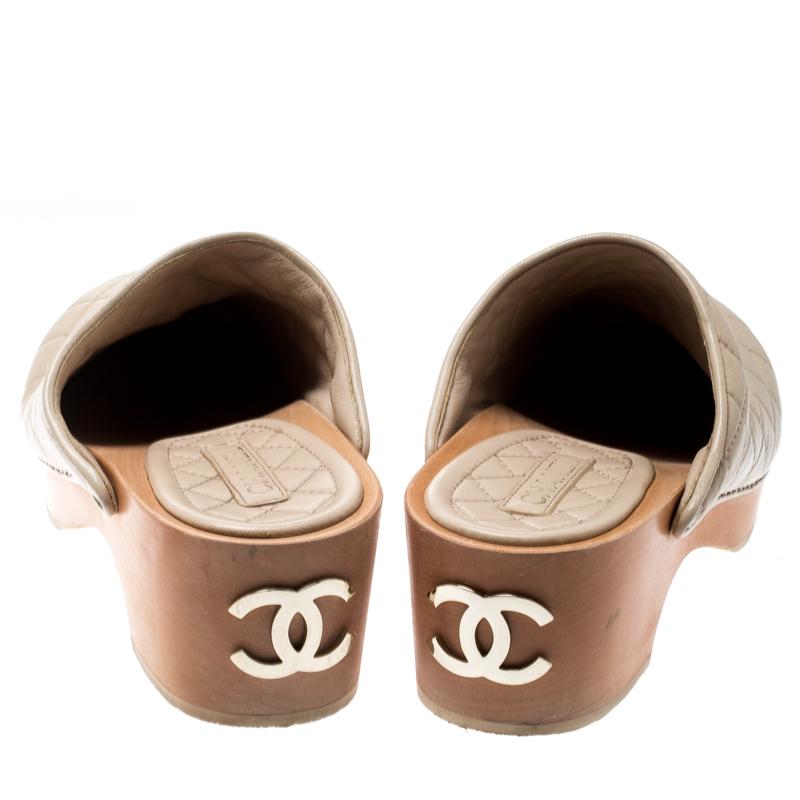 Chanel Beige Quilted Leather CC Wooden Platform Clogs Size 38 For Sale ...