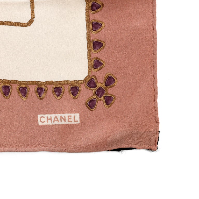 Chanel Beige Silk Geometric Squares Scarf For Sale at 1stDibs