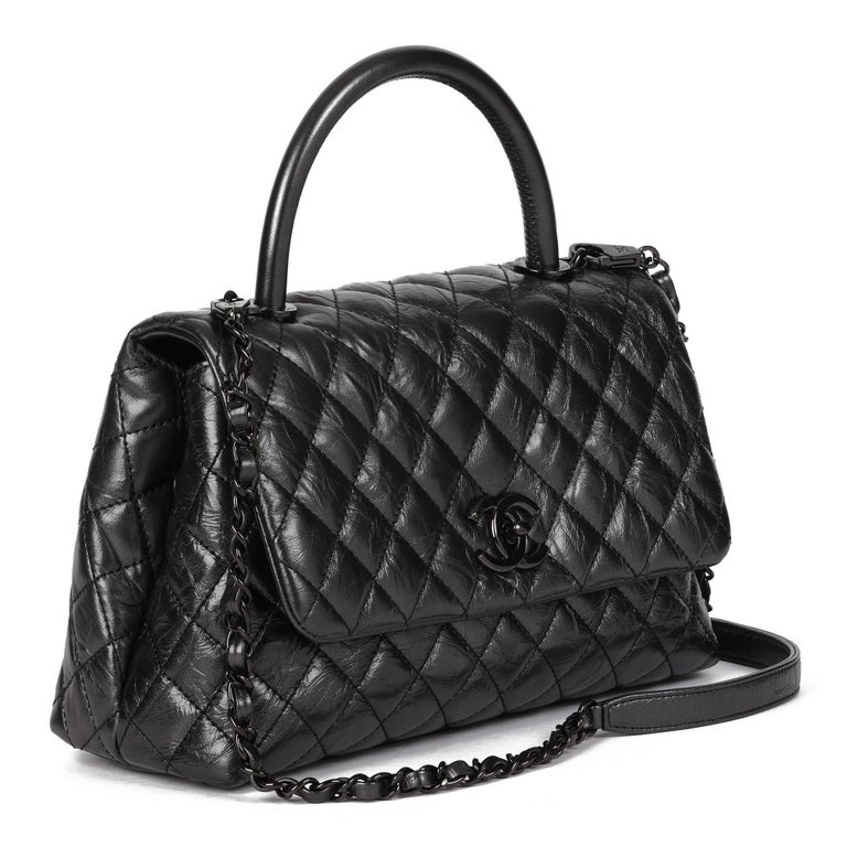 CHANEL Black Aged Calfskin Leather SO Black Medium Coco Top Handle at ...