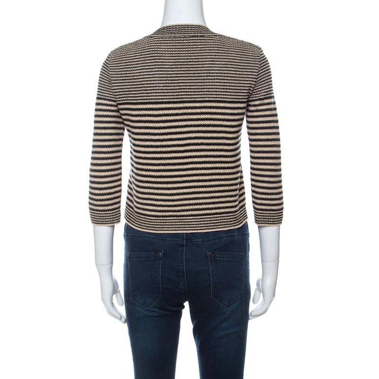 Chanel Black and Beige Striped Pattern Crochet Knit Silk Blend Cardigan ...