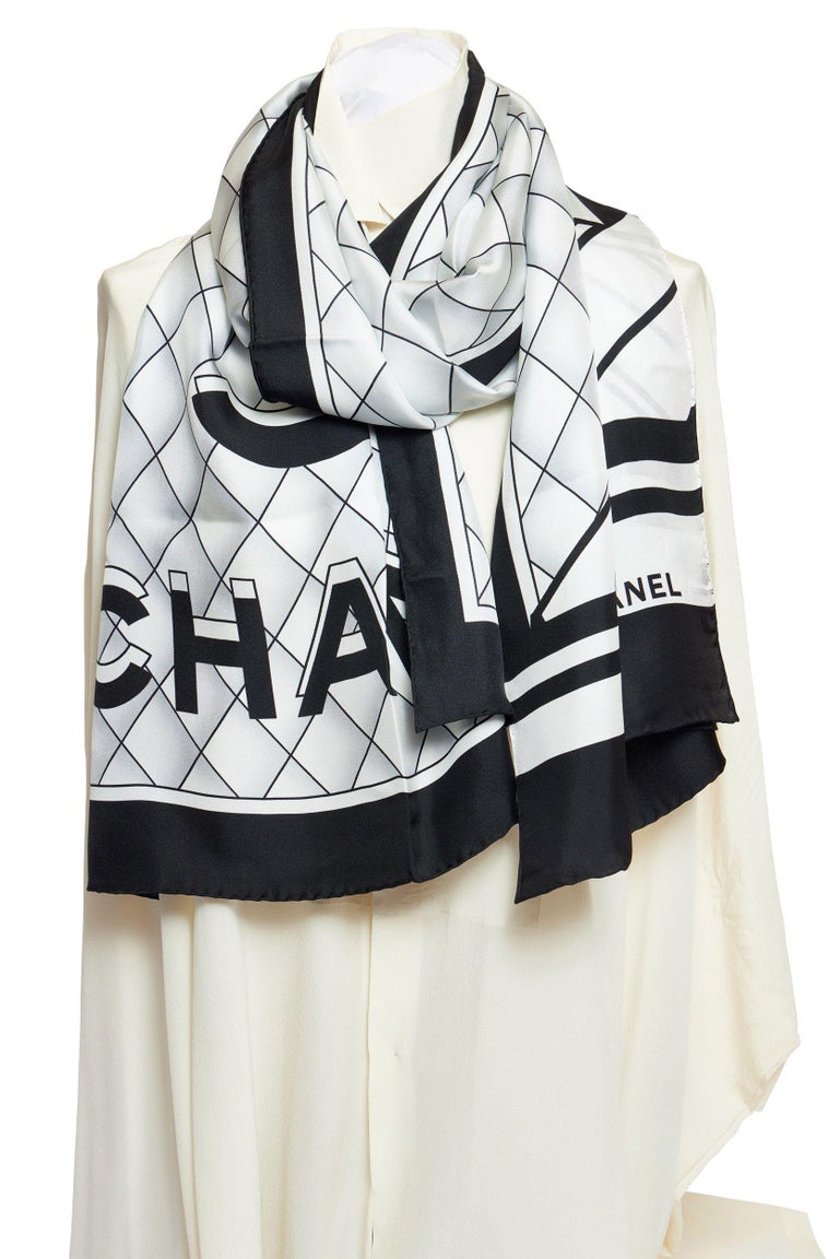 Chanel Black And White Silk Scarf For Sale at 1stDibs