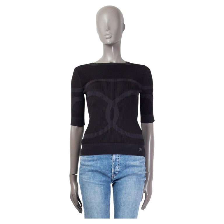 CHANEL black and blue 2019 CC LOGO 3/4 SLEEVE RIB KNIT Sweater 38 S at ...