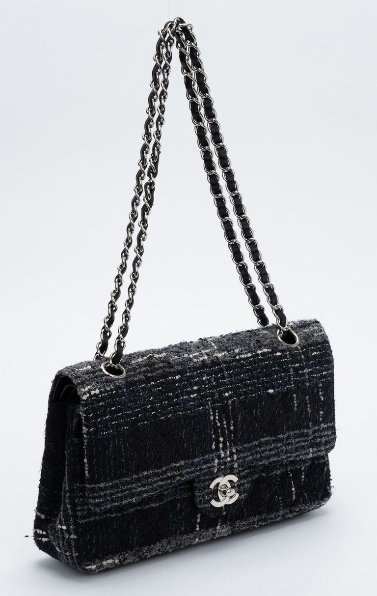 Chanel Black Blue Tweed Double Flap 10" For Sale at 1stDibs
