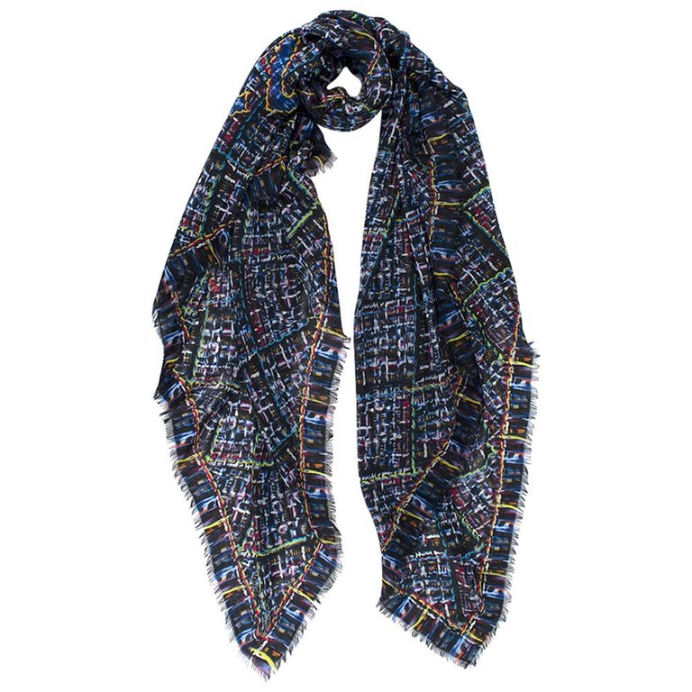 Chanel Black and Blue Tweed Print Cashmere CC Shawl For Sale at 1stDibs