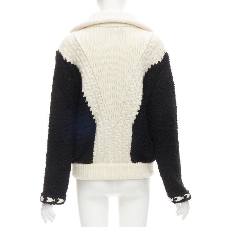 CHANEL black boucle cream cable knit faux layered cardigan jacket FR34 ...