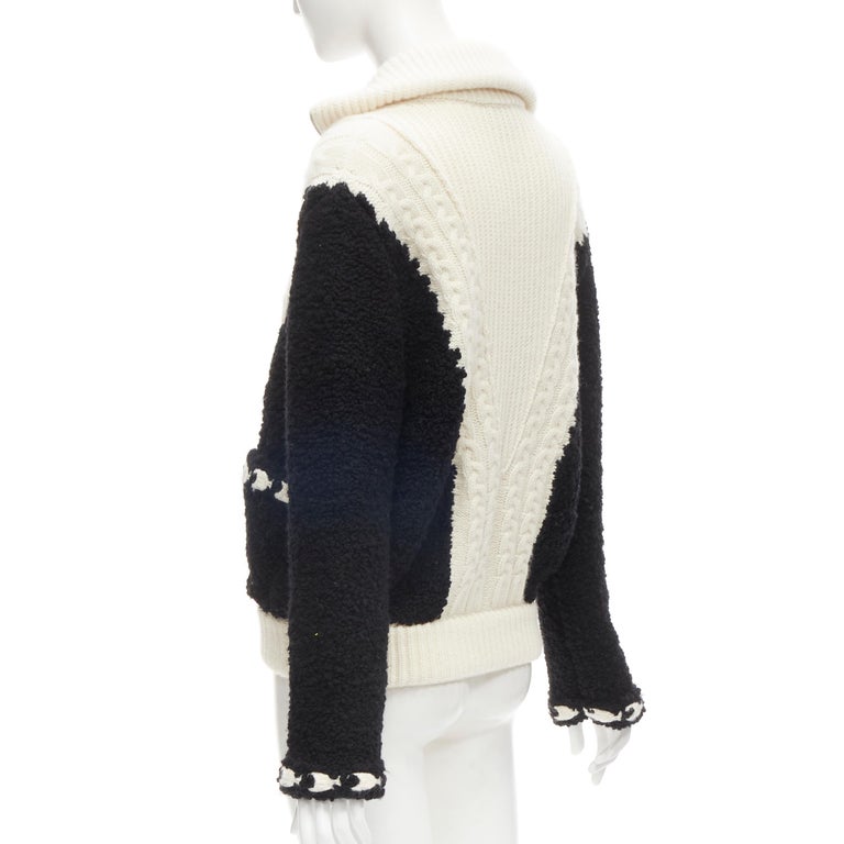 CHANEL black boucle cream cable knit faux layered cardigan jacket FR34 ...