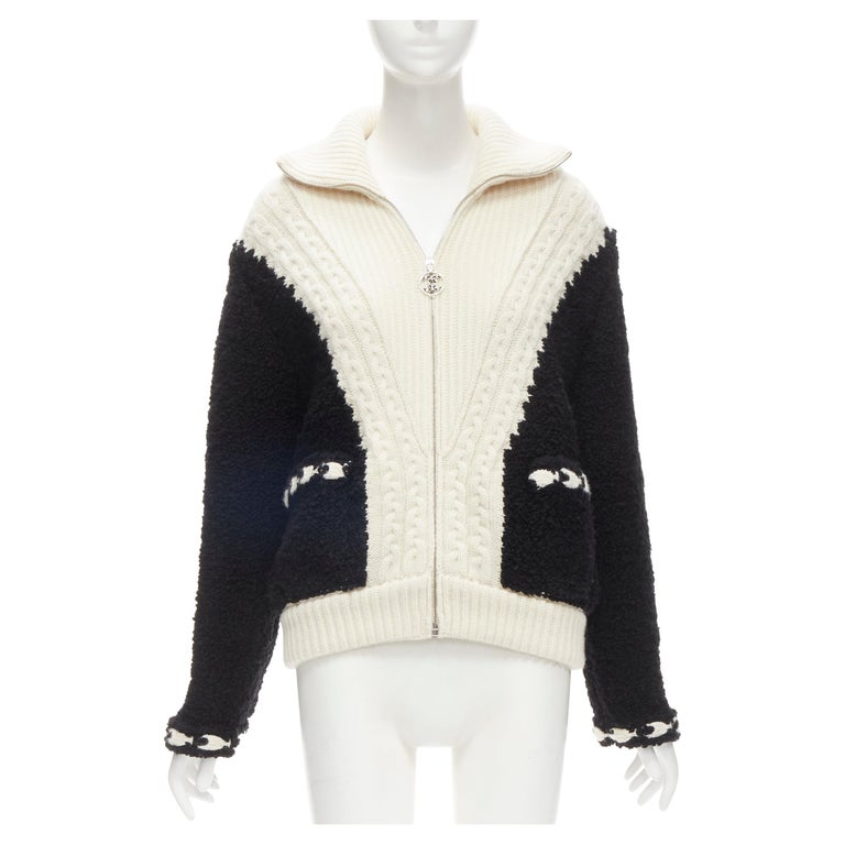 CHANEL black boucle cream cable knit faux layered cardigan jacket FR34 ...