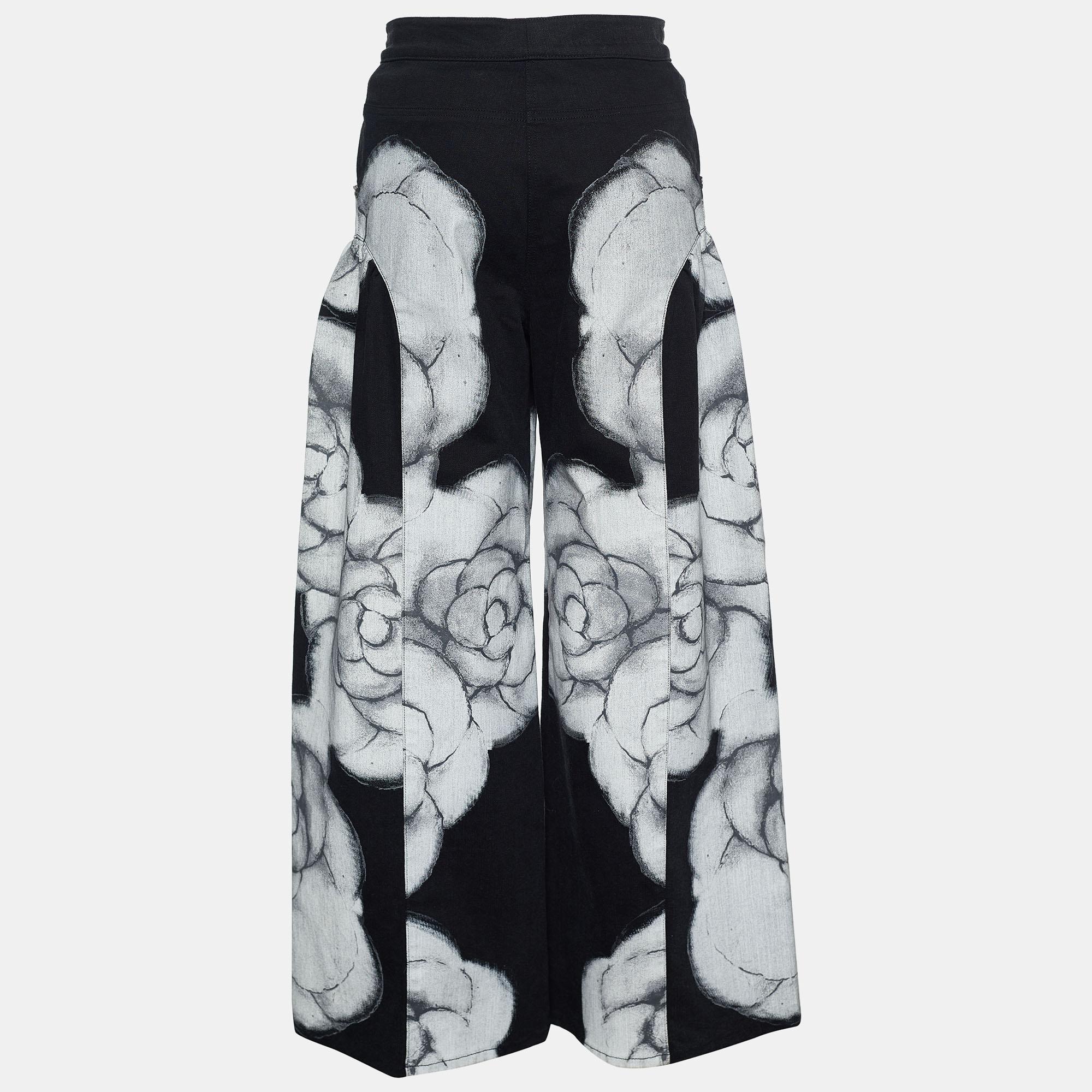 Chanel Black Camellia Print Denim High Waist Flared Jeans at 1stDibs
