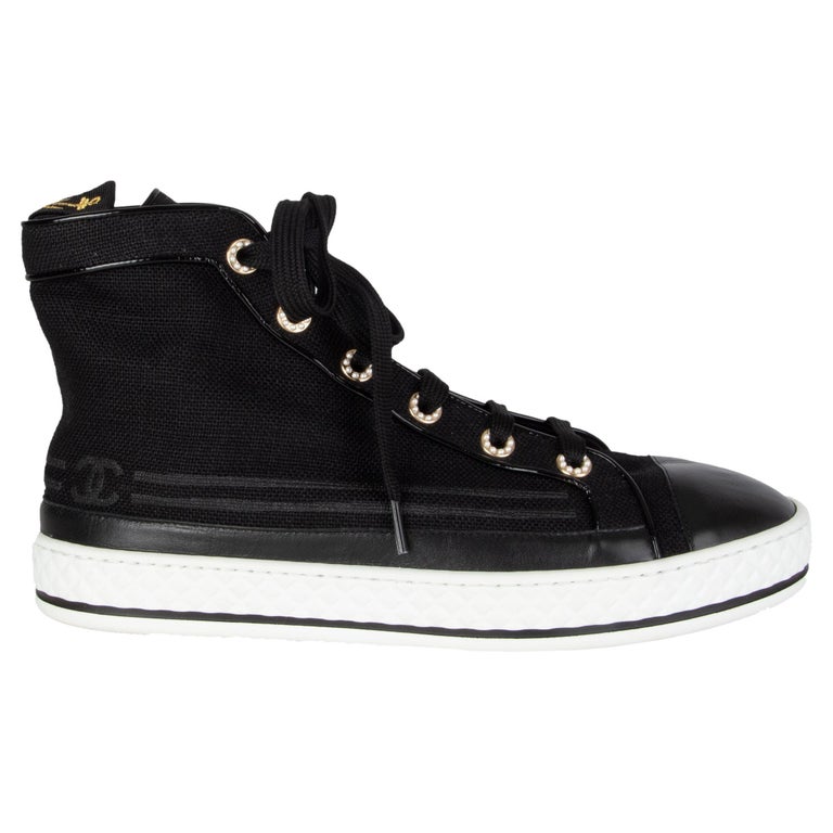 CHANEL black canvas and leather High Top Sneakers Shoes 40 For Sale at ...