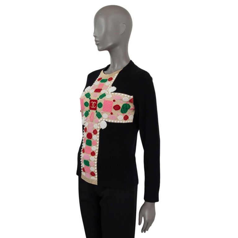 CHANEL black cashmere 2020 20K CROSS EMBROIDERED Sweater 36 XS For Sale ...