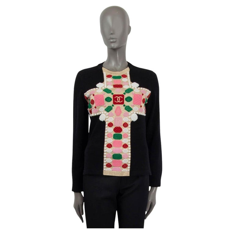 CHANEL black cashmere 2020 20K CROSS EMBROIDERED Sweater 36 XS For Sale ...