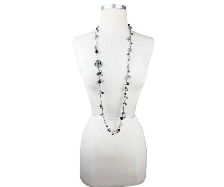 Chanel Black CC Black Grey Stone Mini Plant Charm Pearl Necklace For ...