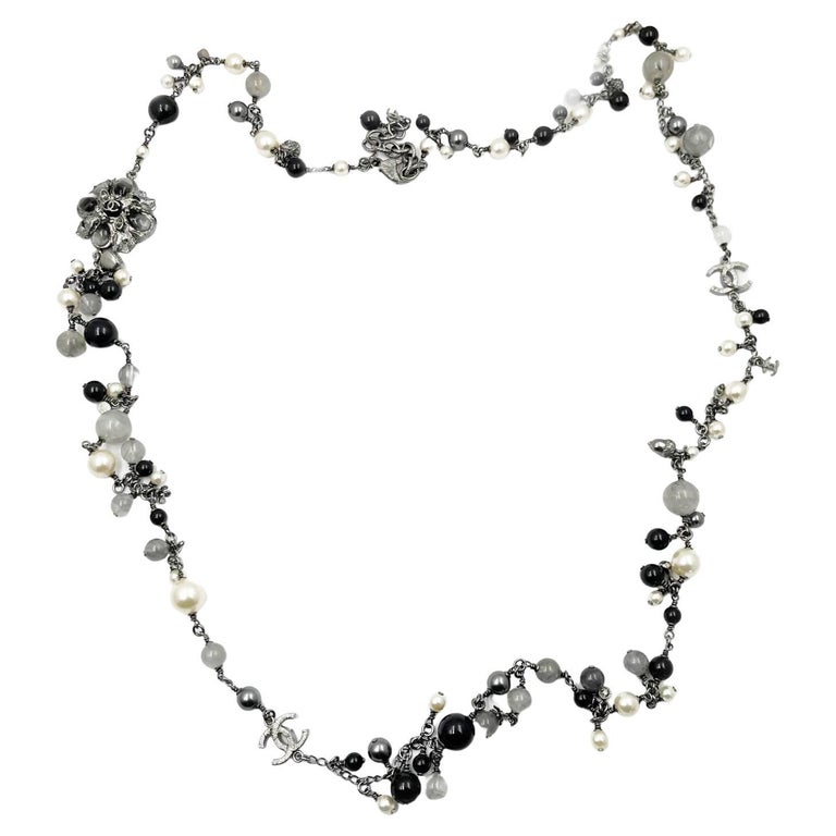 Chanel Black CC Black Grey Stone Mini Plant Charm Pearl Necklace For ...