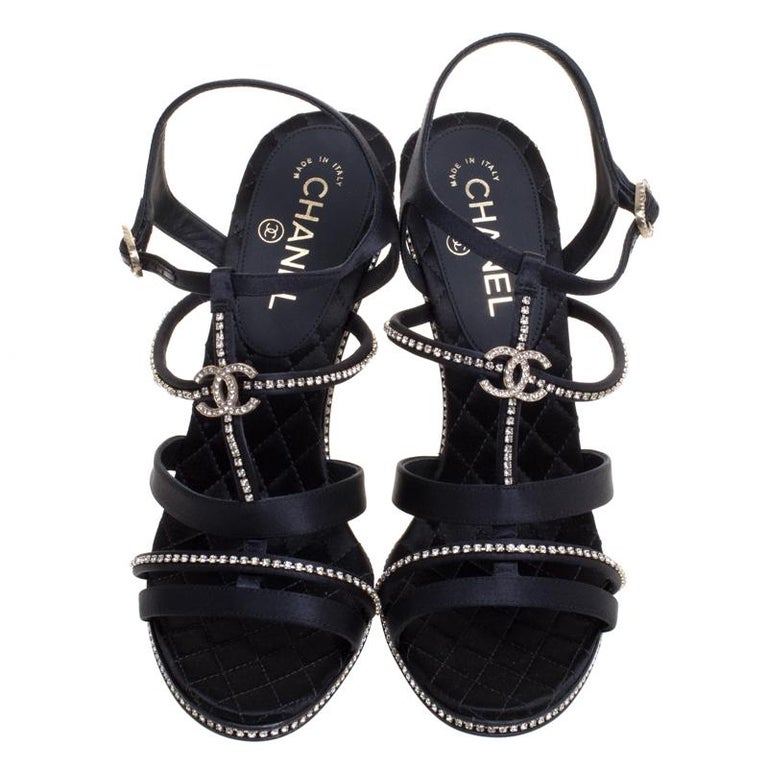 Chanel Black CC Crystal Embellished Satin Lucite Heel Strappy Sandals ...