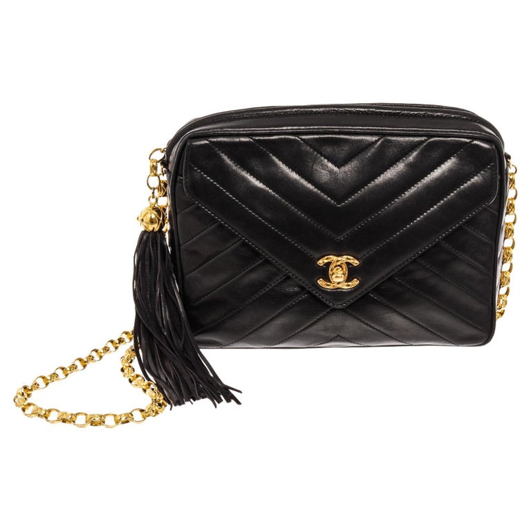 Chanel Black Chevron Quilted Lambskin Leather Fringe Small Camera ...