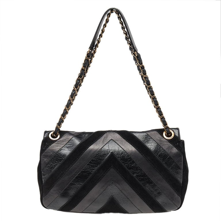 Chanel Black Chevron Suede And Leather Flap Bag at 1stDibs