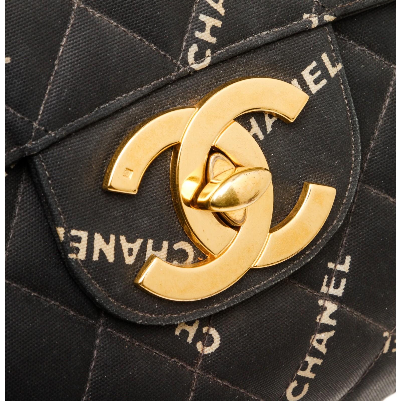 Chanel Black Coated Canvas Logo Half Flap Maxi Vintage Bag at 1stDibs ...