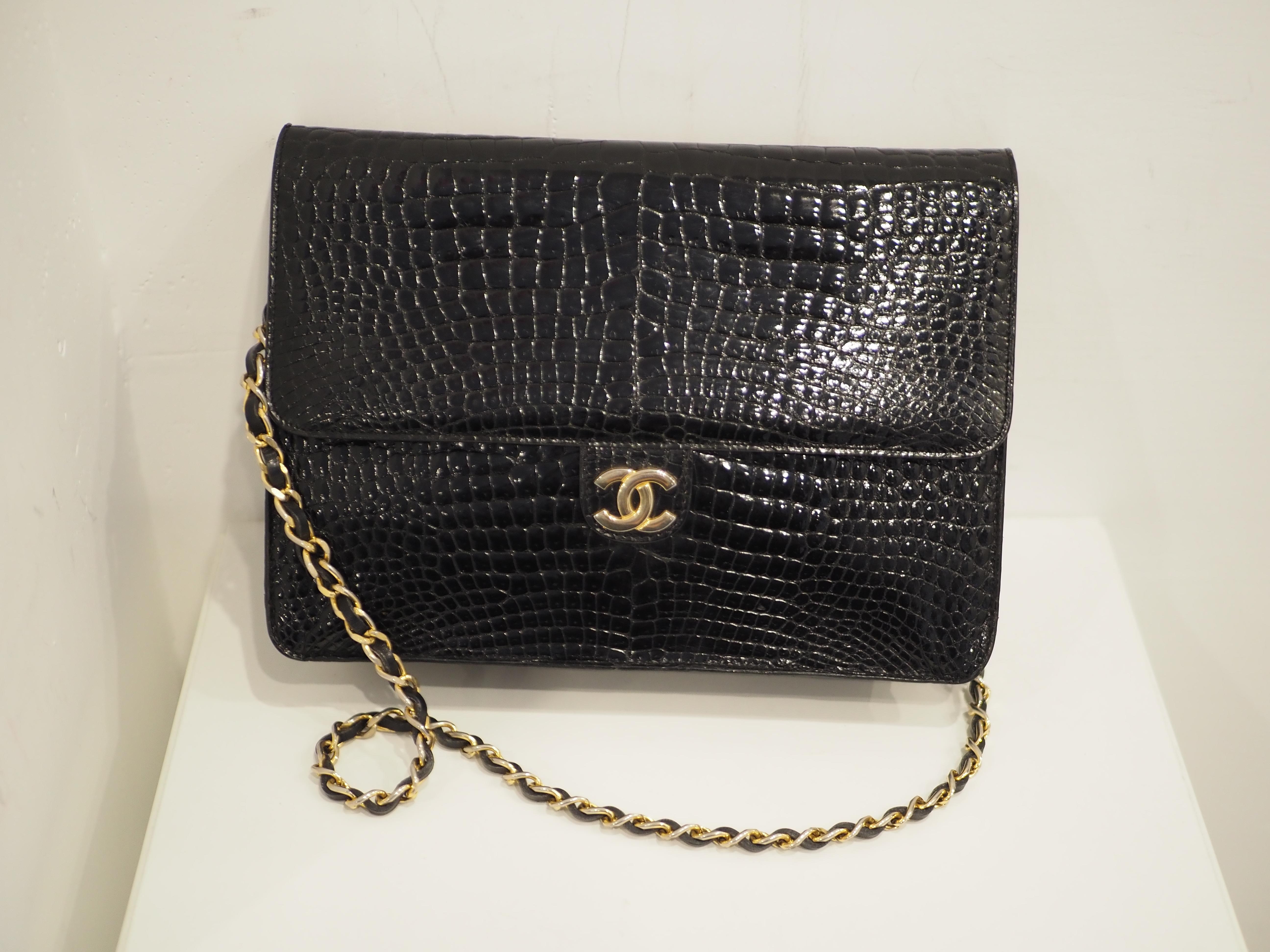 Chanel black croco shoulder bag For Sale at 1stDibs