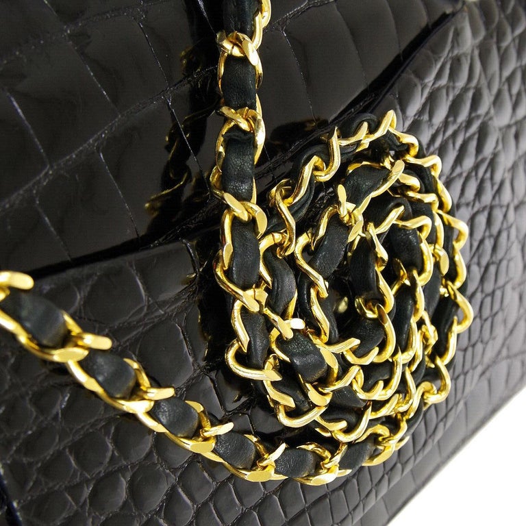 Chanel Black Crocodile Exotic Leather Gold Double Evening Shoulder Flap ...