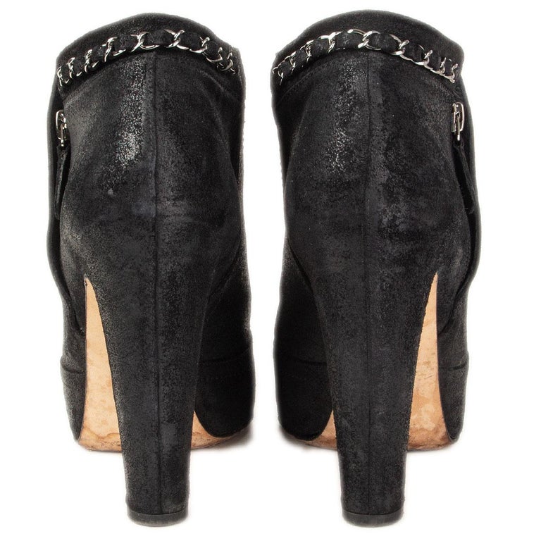 CHANEL black DISTRESSED suede CHAIN DETAIL Ankle Boots Shoes 40.5 For ...