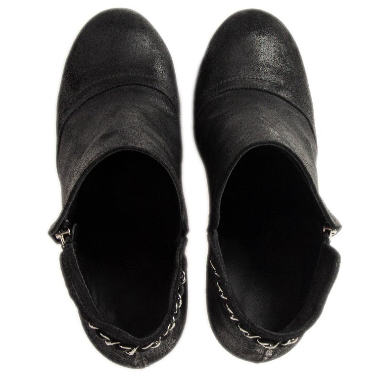 CHANEL black DISTRESSED suede CHAIN DETAIL Ankle Boots Shoes 40.5 For ...