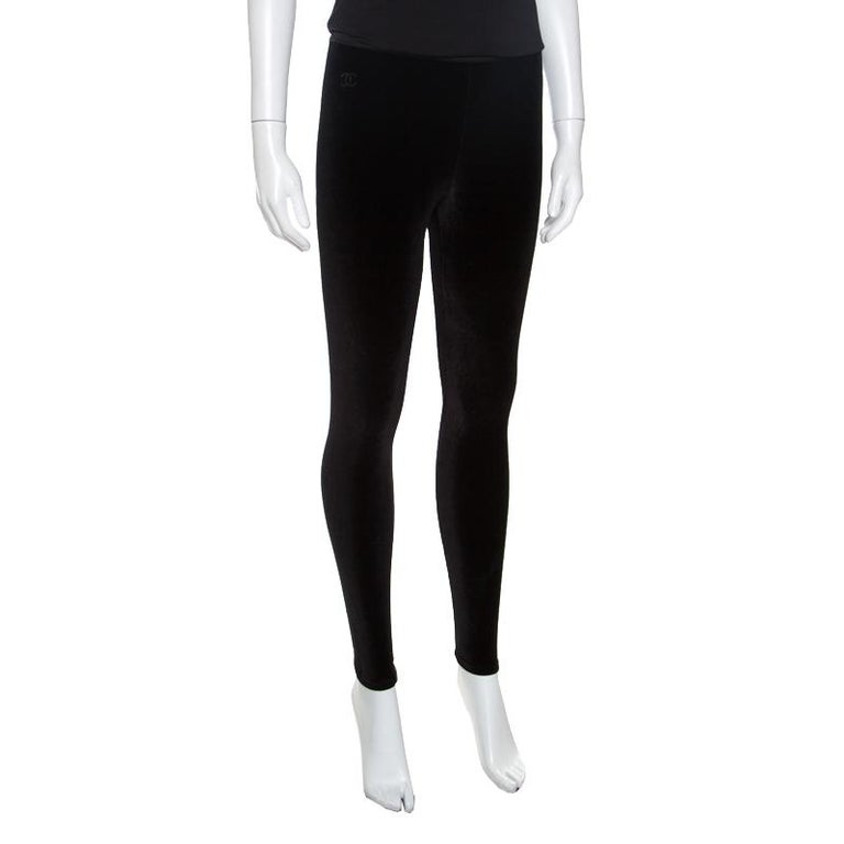 Chanel Black Elasticized Waist Logo Embellished Velvet Pants S For Sale ...