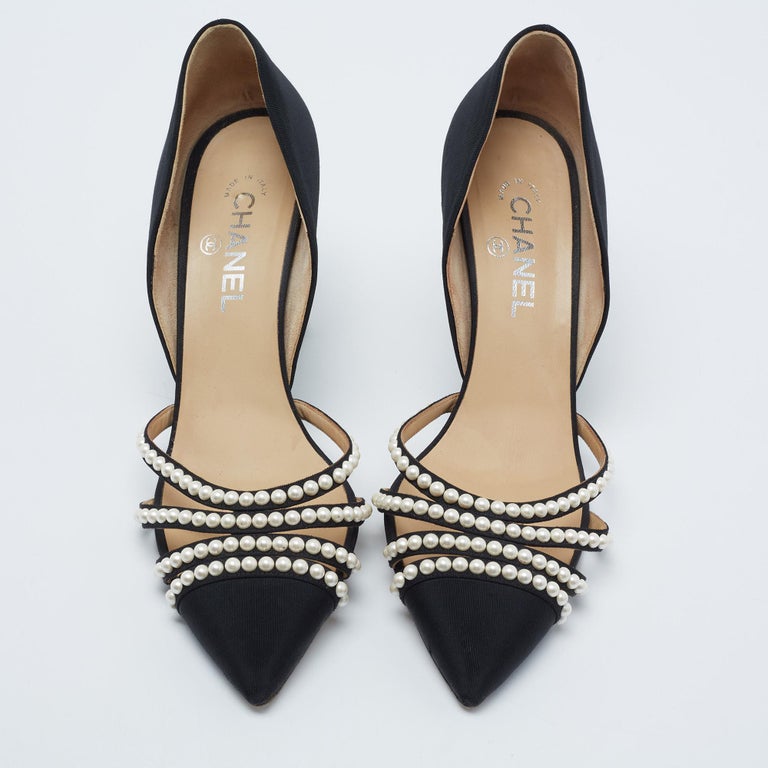 Chanel Black Fabric Faux Pearl D'Orsay Pumps Size 41 at 1stDibs