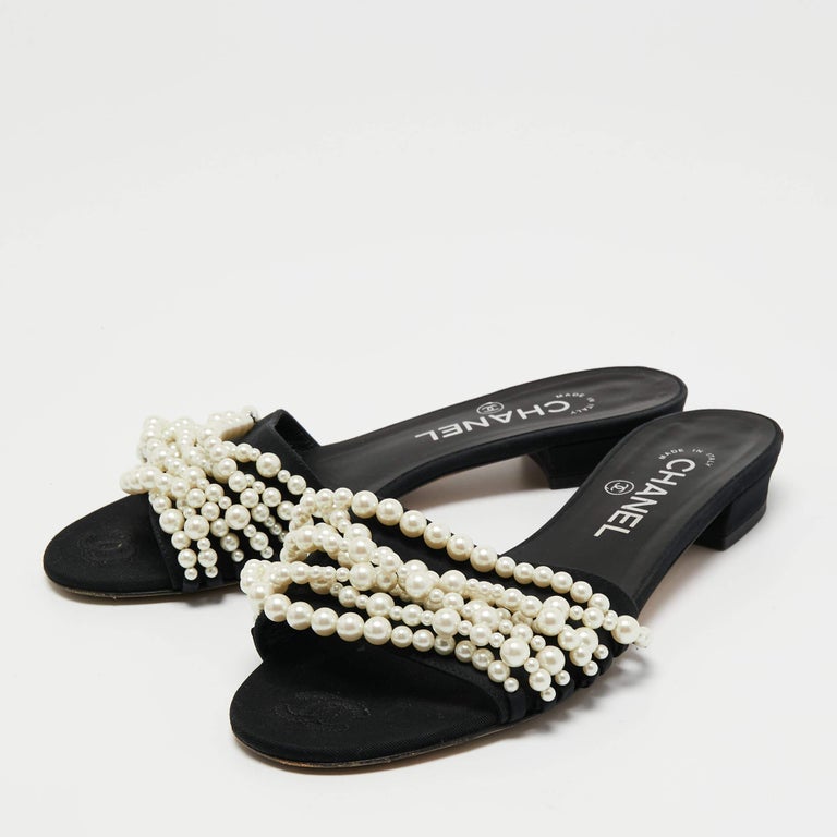 Chanel Black Fabric Pearl Embellished Flat Slides Size 36.5 For Sale at ...