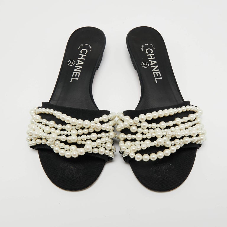 Chanel Black Fabric Pearl Embellished Flat Slides Size 36.5 For Sale at ...