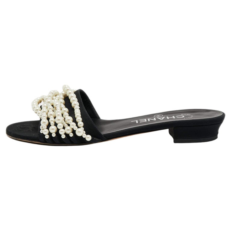 Chanel Black Fabric Pearl Embellished Flat Slides Size 36.5 For Sale at ...