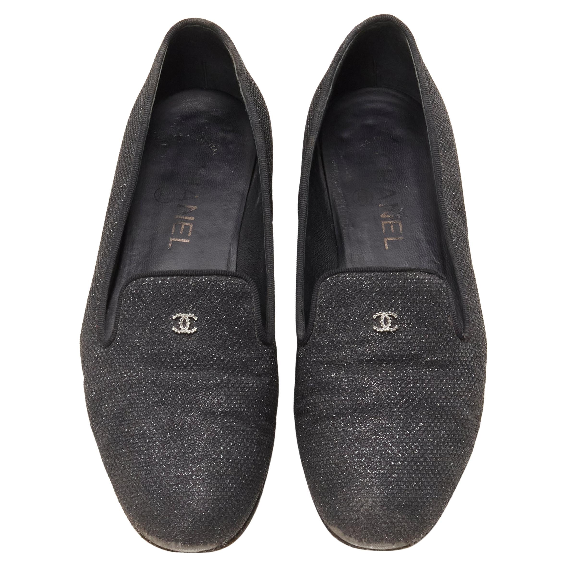 CHANEL black glittery fabric silver CC logo slip on loafer flats EU38 ...