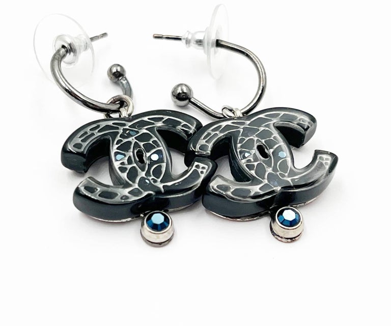 Chanel Black Globe Blue Stone Dangle Hoop Piercing Earrings For Sale at ...