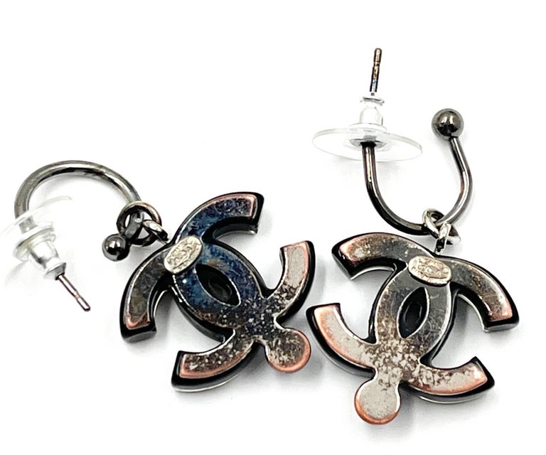 Chanel Black Globe Blue Stone Dangle Hoop Piercing Earrings For Sale at ...