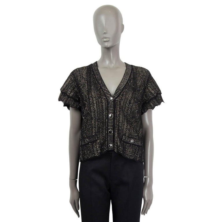 CHANEL black and gold cotton 2018 18P SHORT SLEEVE Cardigan Sweater S ...